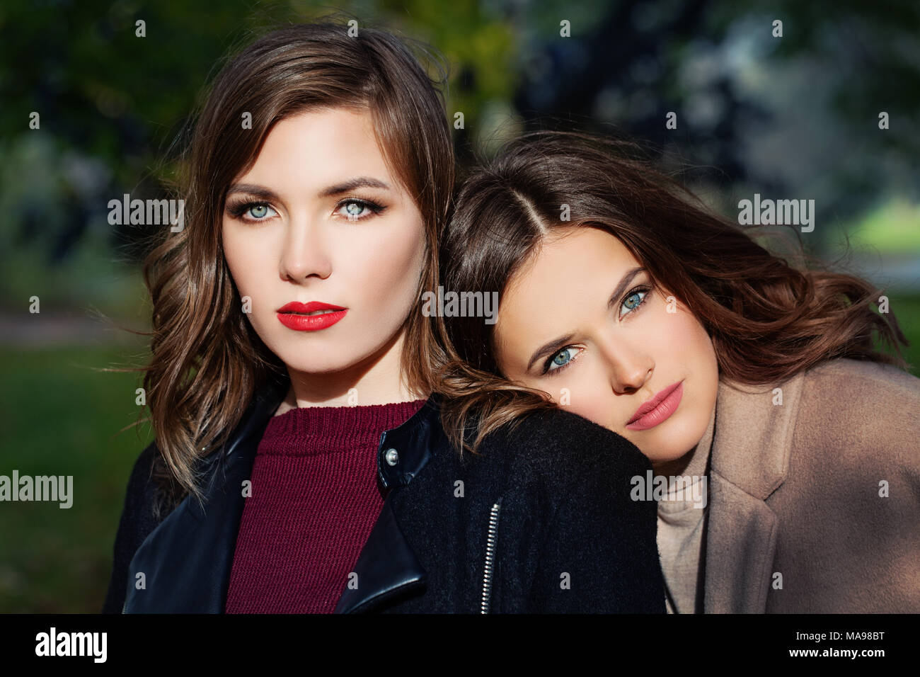 Spring Beautiful Models Women with Makeup and Hairstyle Outdoors ...