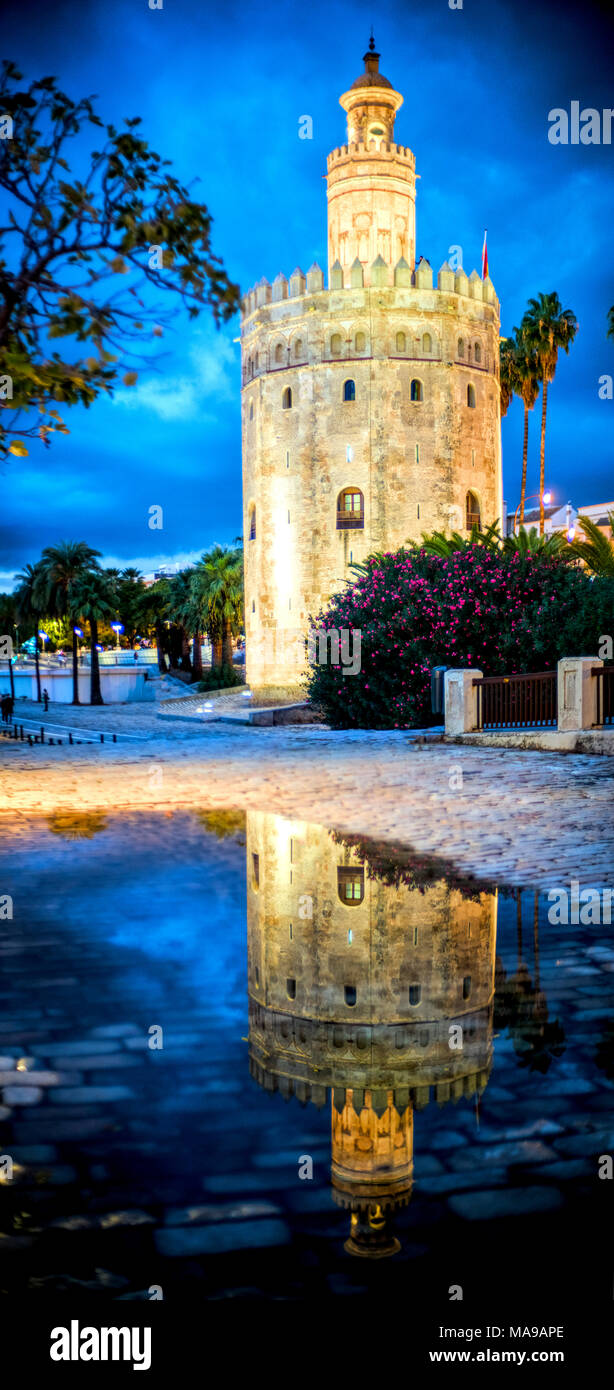 Torre del Oro (Tower of Gold) reflected on a rain puddle. The Tower of ...