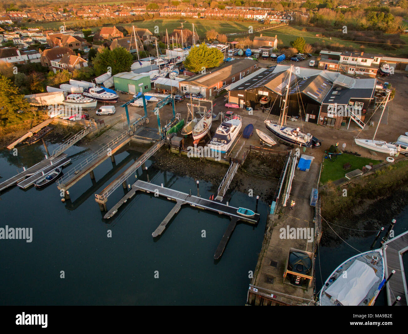 Aerial view of the yacht harbour at Emsworth marina in West Sussex at ...