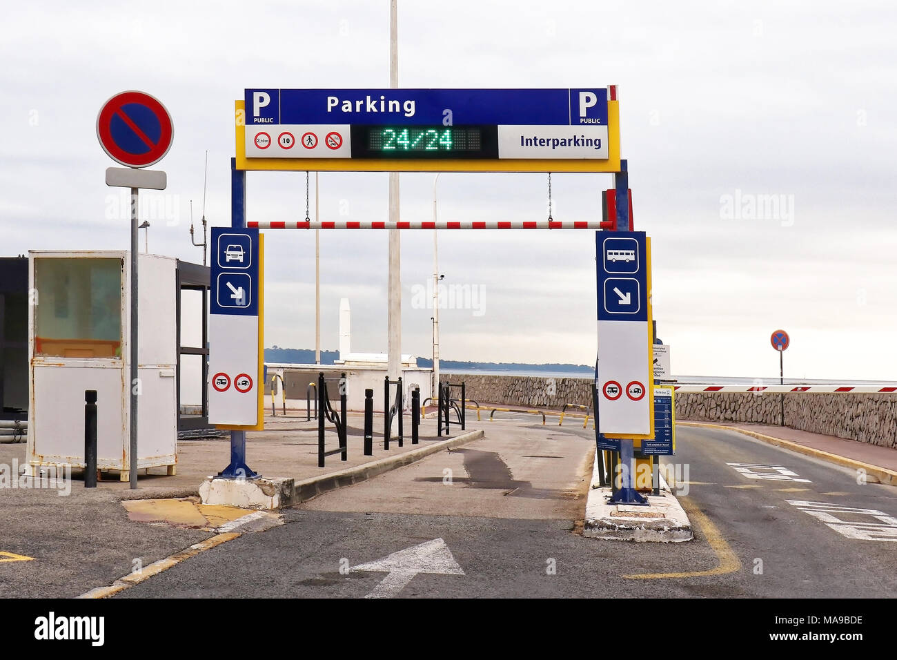 Outside public car parking entrance and exit with security ramp Stock ...
