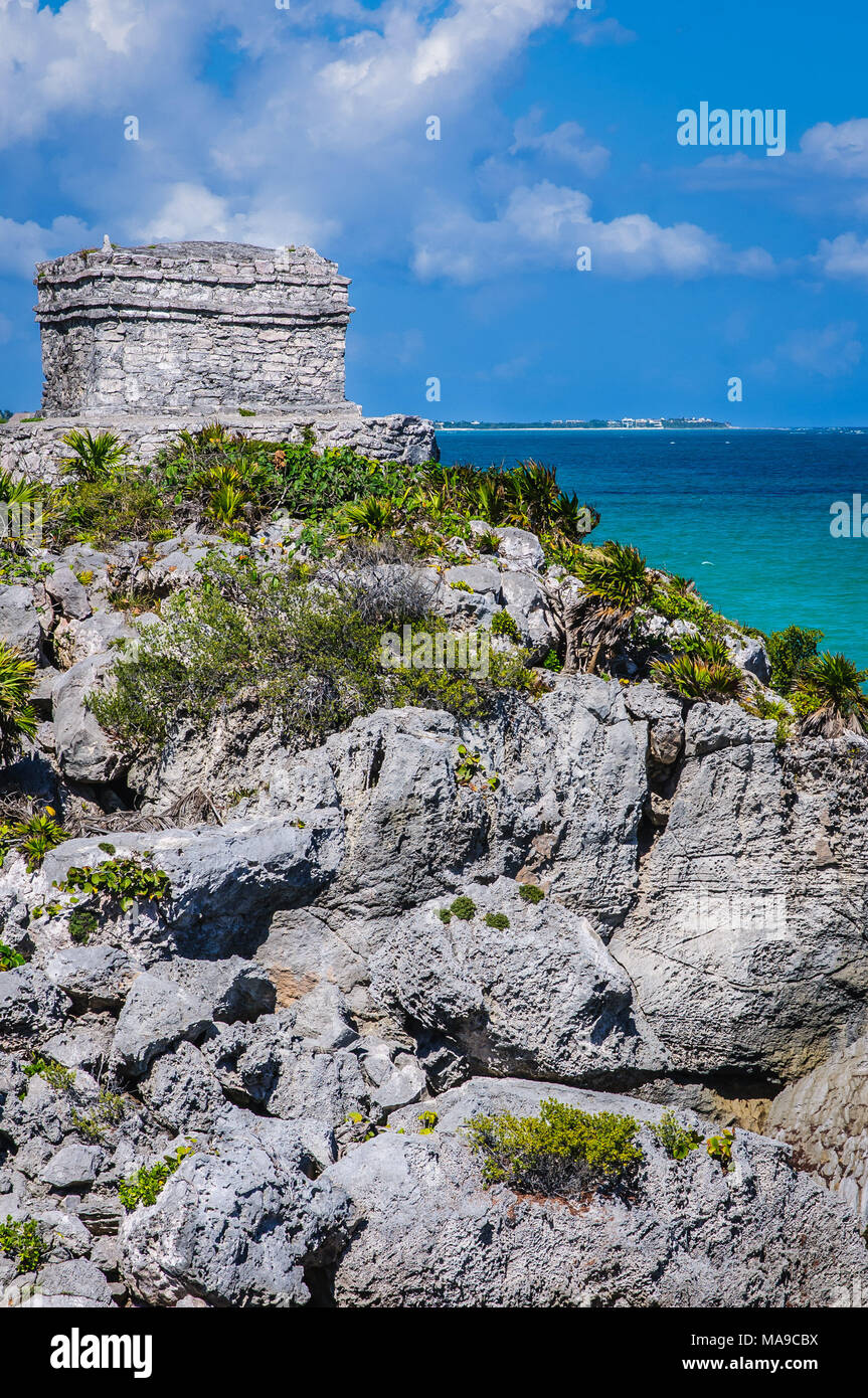 Ancient Mayan ruins over the Caribbean sea in Tulum, Mexico Stock Photo ...