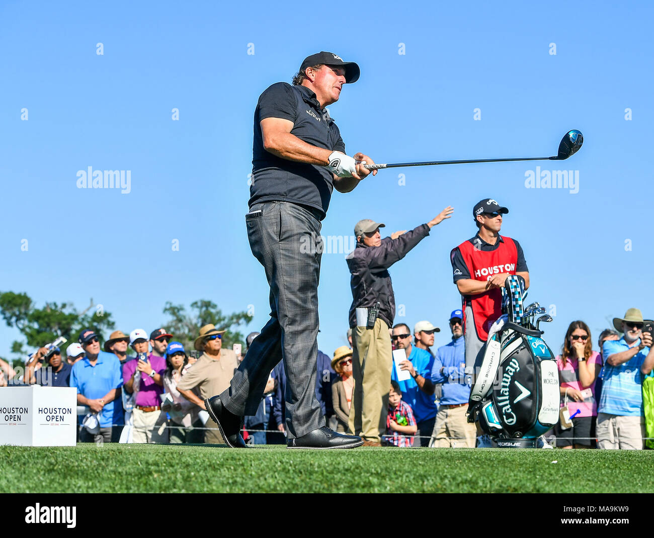 Humble, Texas, USA. 30th Mar, 2018. Phil Mickelson watches his tee shot ...
