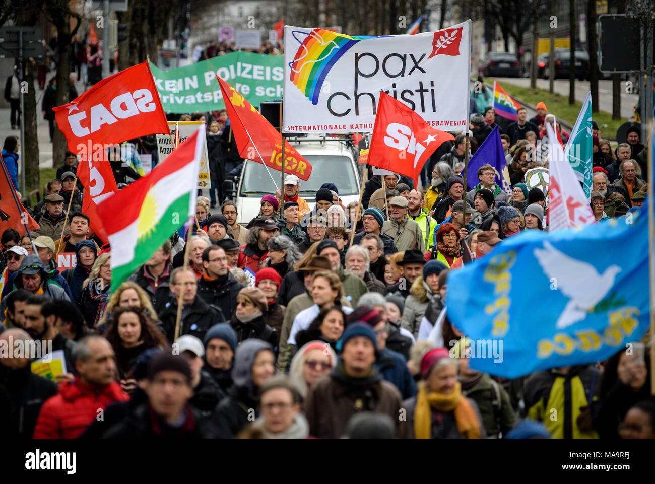 Munich,Germany,31 March 2018. Members of the peace movement marching ...
