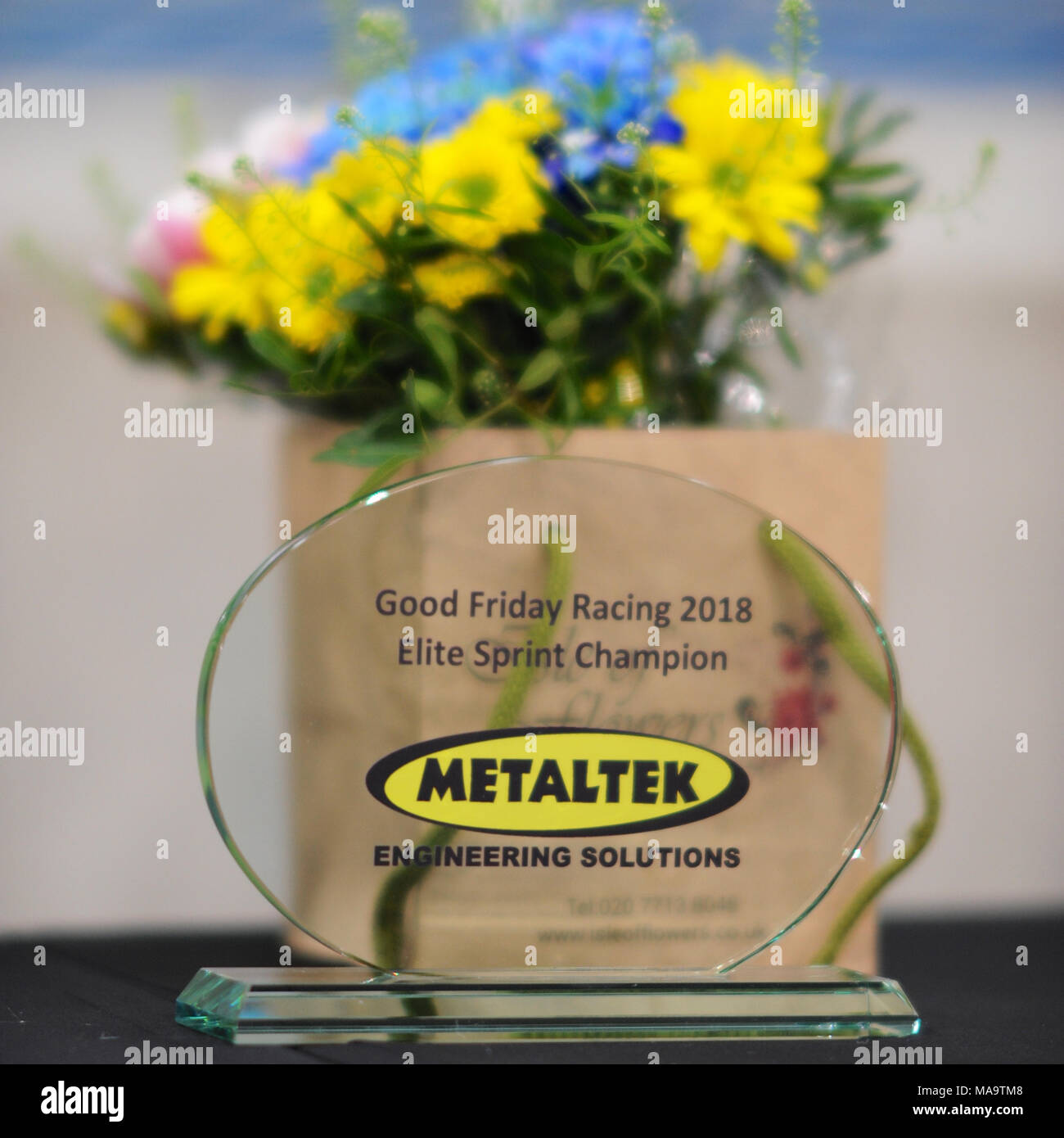 London, UK, 31 Mar 2018. The Elite Sprint Champion Trophy on display at ...