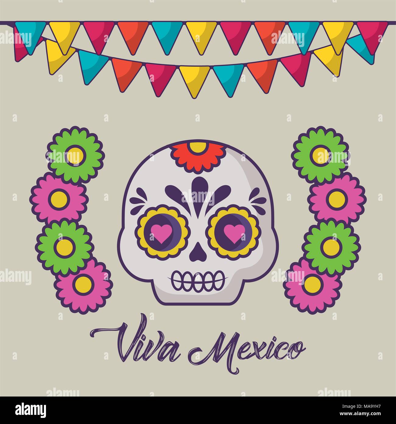 Viva mexico design with decorative flowers and sugar skyll over white ...