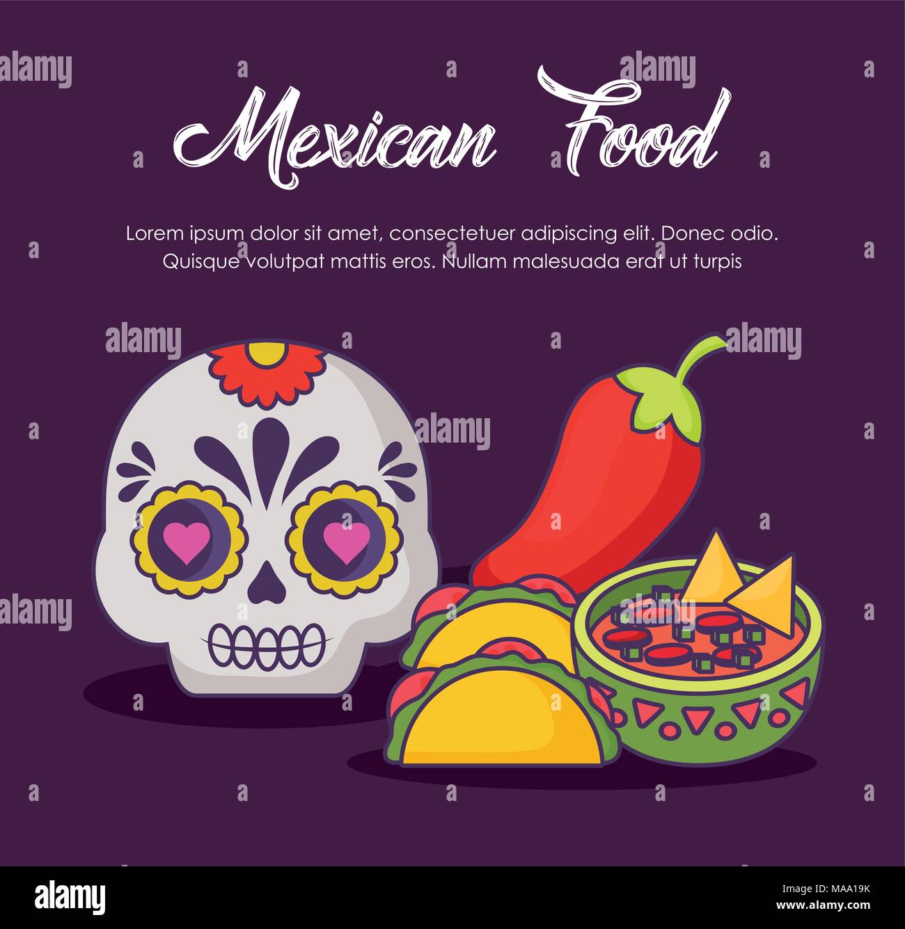 Infographic design of mexican food with related icons over purple ...