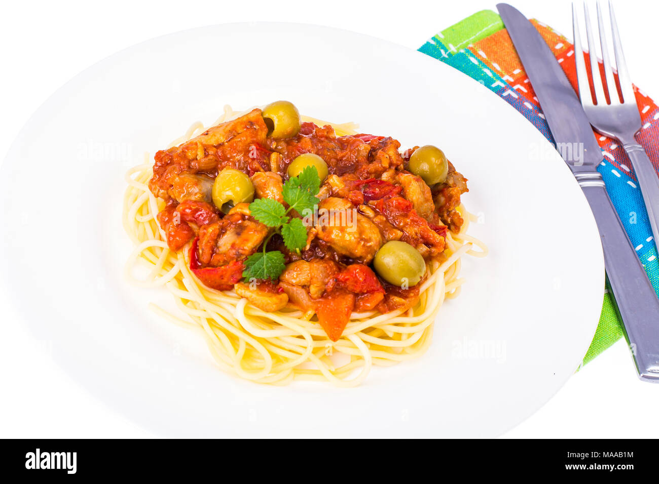 Spaghetti, chicken fillet with vegetables and olives. Studio Photo ...