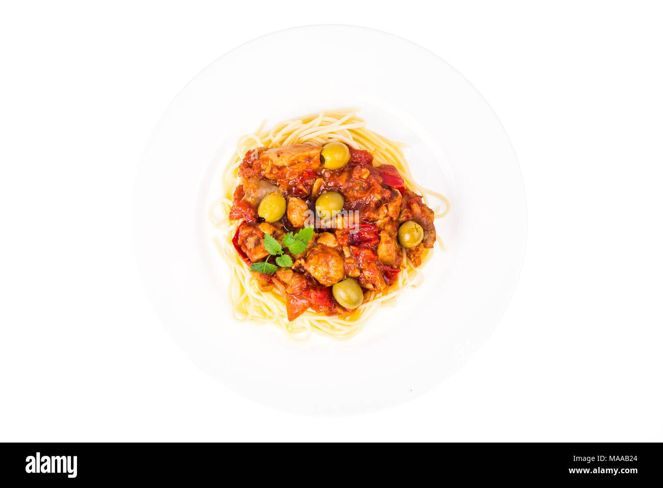 Spaghetti, chicken fillet with vegetables and olives. Studio Photo ...