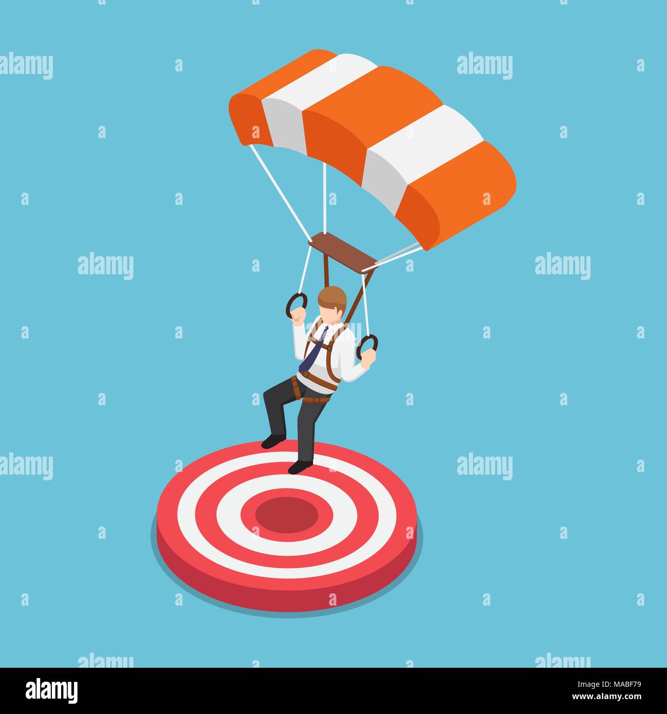 Flat 3d isometric businessman with parachute landing on the target ...