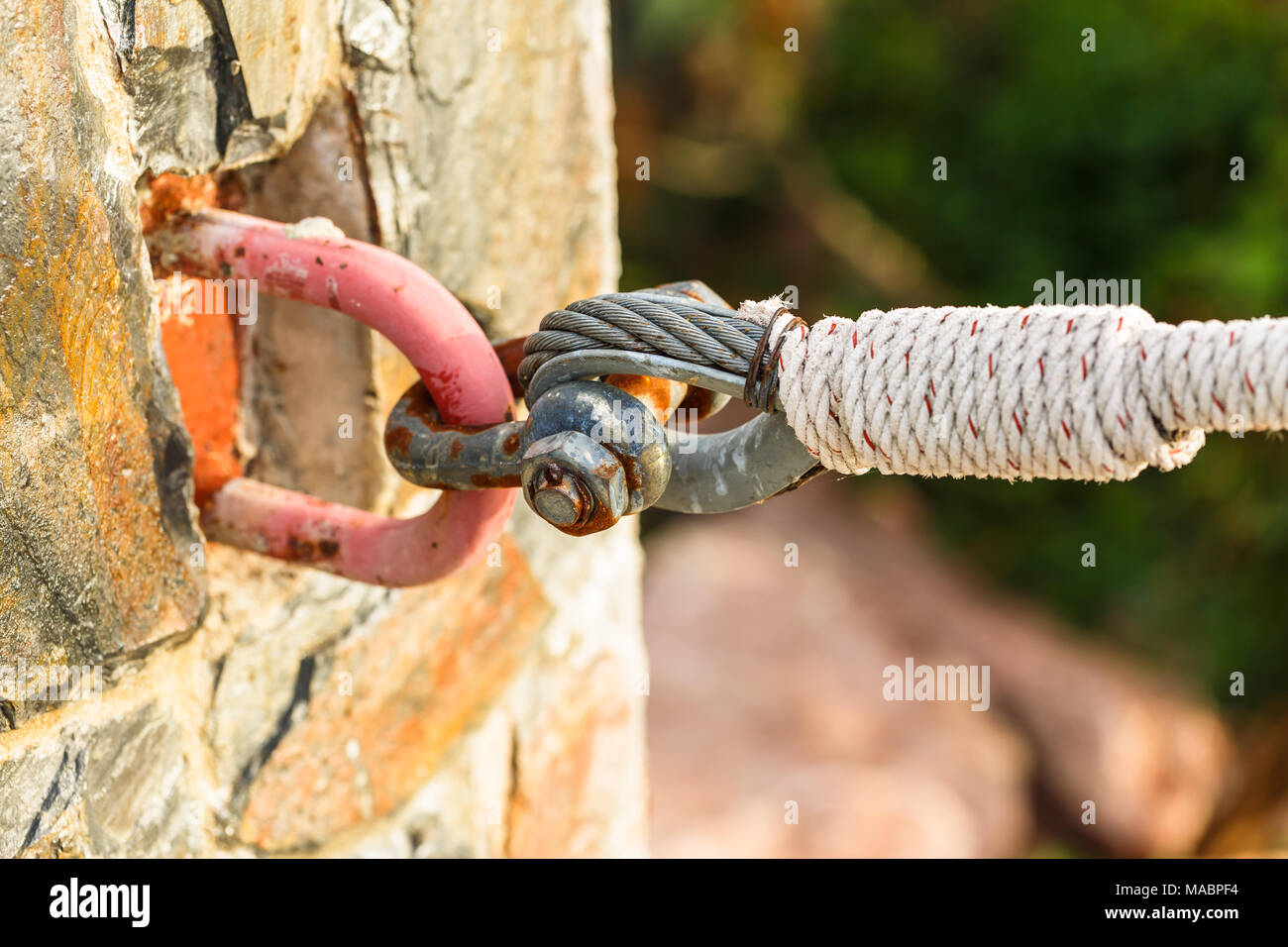 rusty shackle connect the sling and rope tied knot in nature background ...