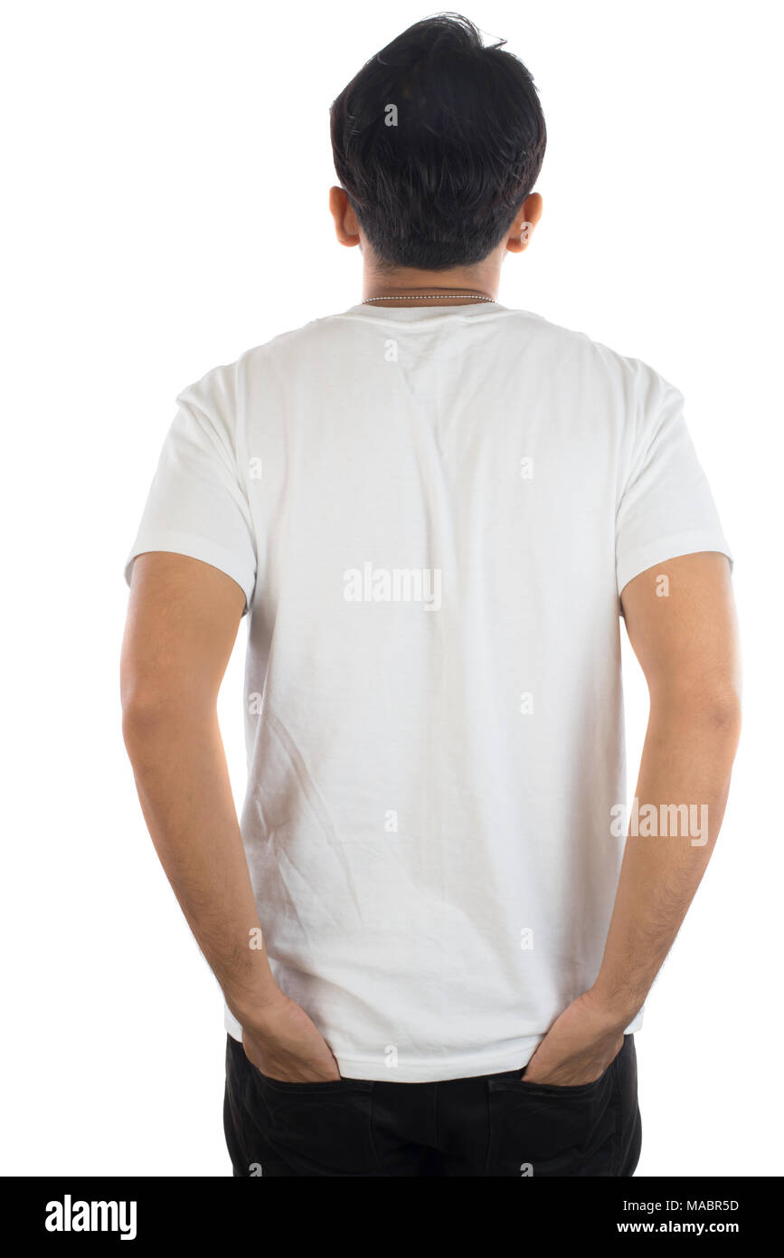 Back of young man with white t-shirt, Isolated on white background ...