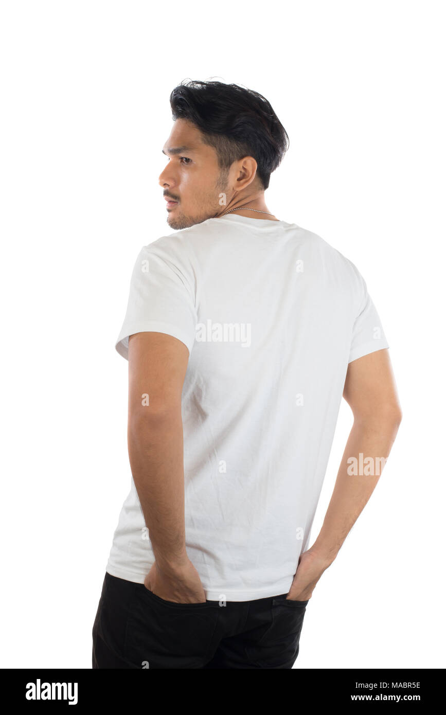 Back of young man with white t-shirt, Isolated on white background ...
