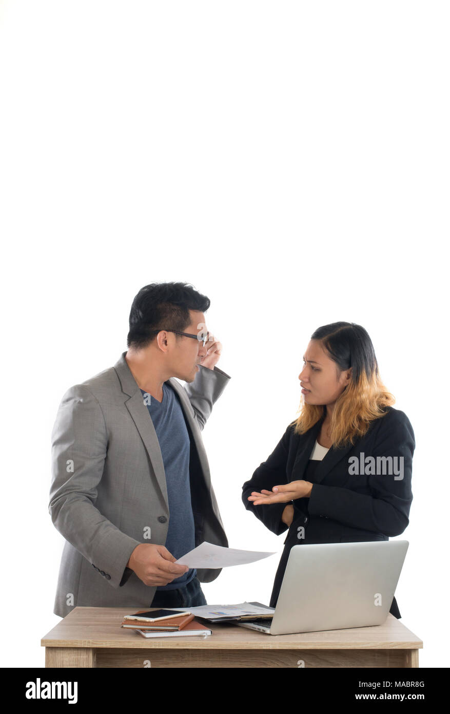 Young business woman standing with her boss conversation about the ...