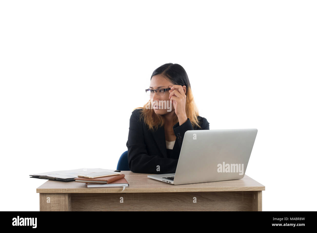 Business woman working on computer isolated on white background Stock ...