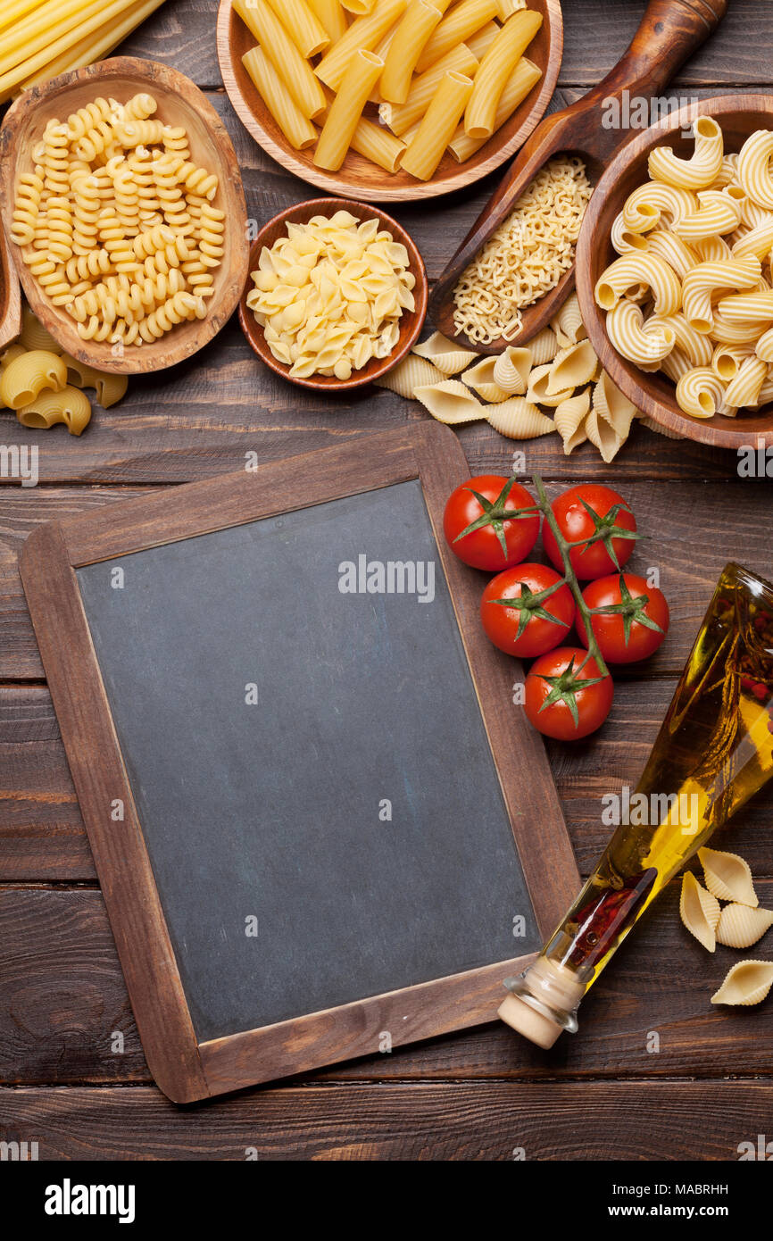 Various pasta. Cooking concept. Top view with space for your recipe ...