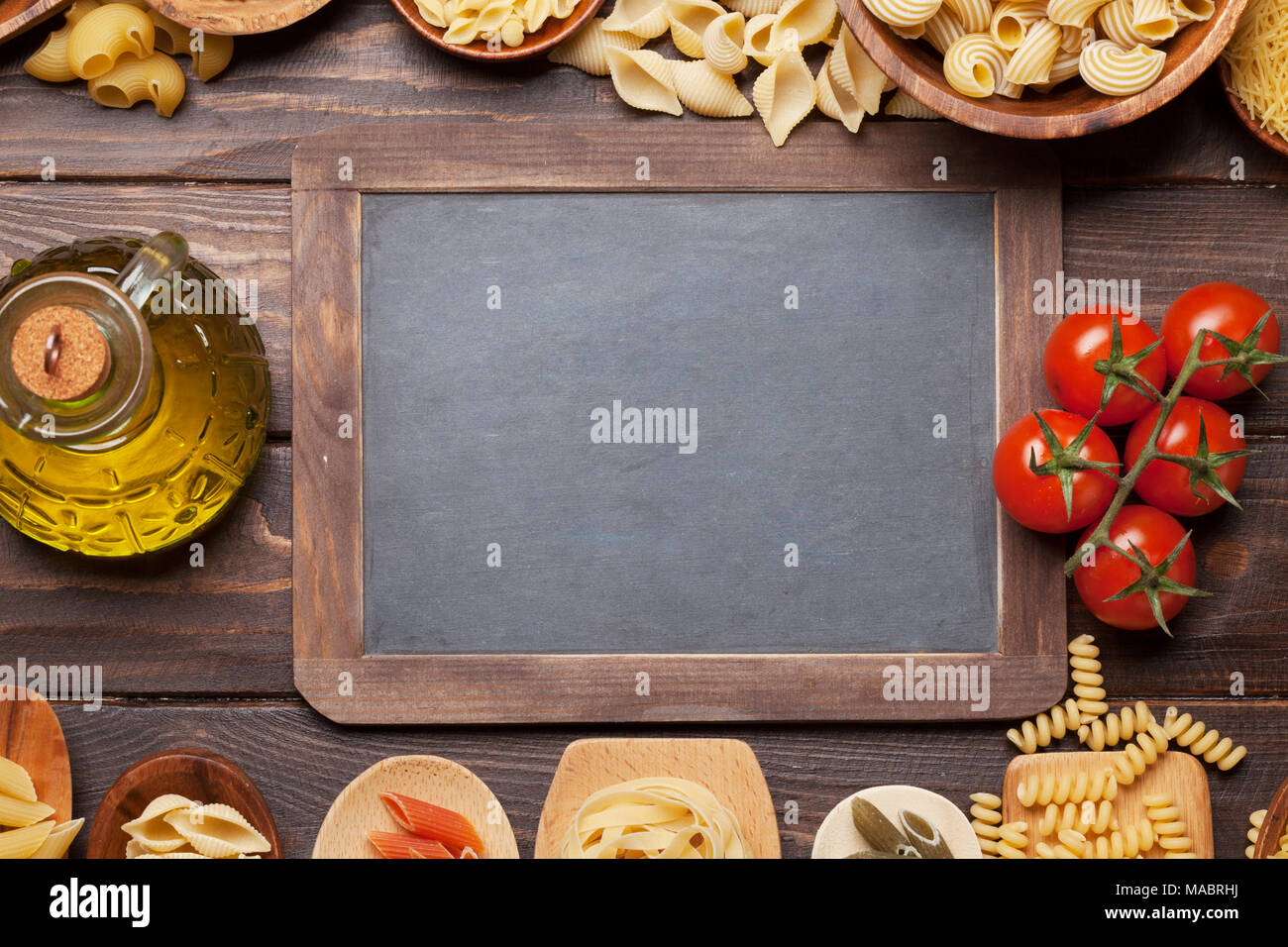 Various pasta. Cooking concept. Top view with space for your recipe ...