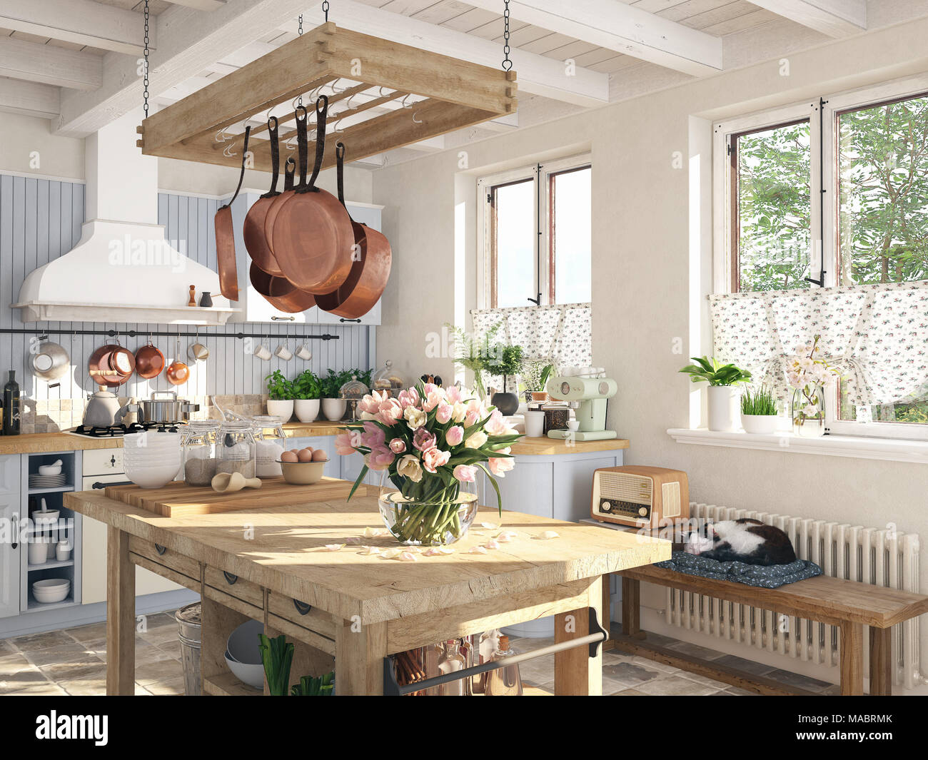 retro kitchen in a cottage with sleeping cat. 3D RENDERING Stock Photo ...