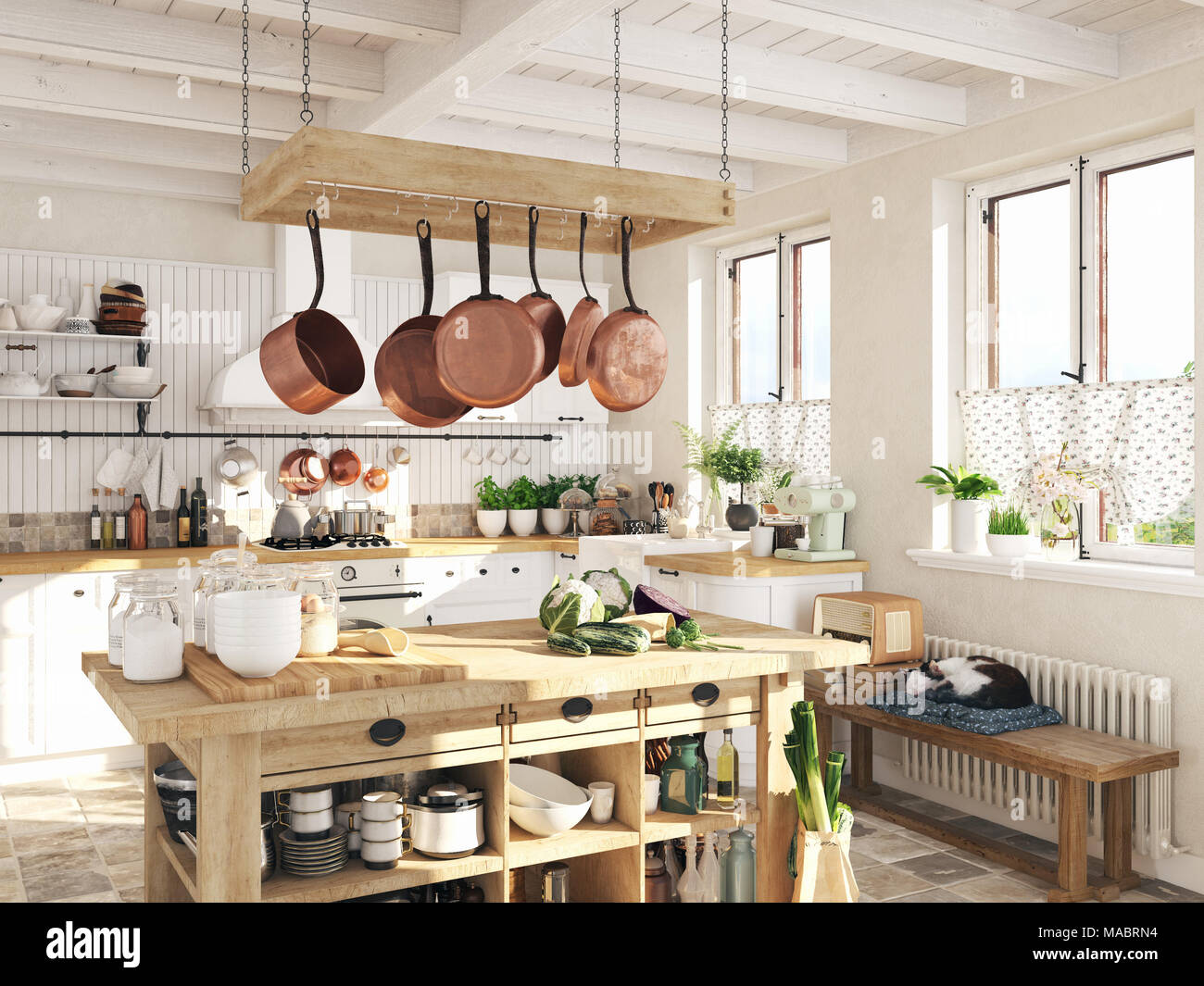 retro kitchen in a cottage with sleeping cat. 3D RENDERING Stock Photo ...