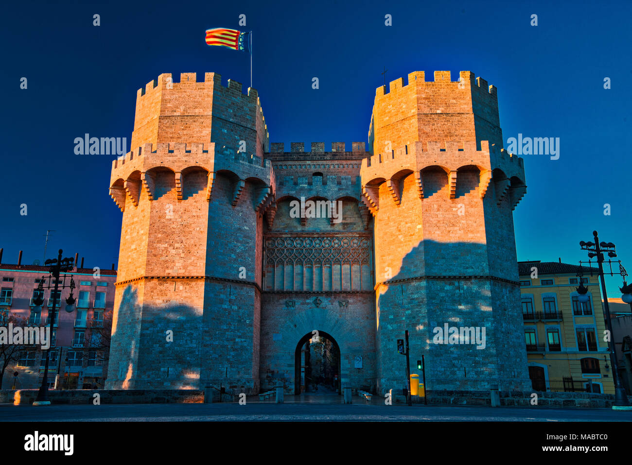 Valencia, Spain - 3/31/2018: The Torres de Serranos, one of the twelve ...