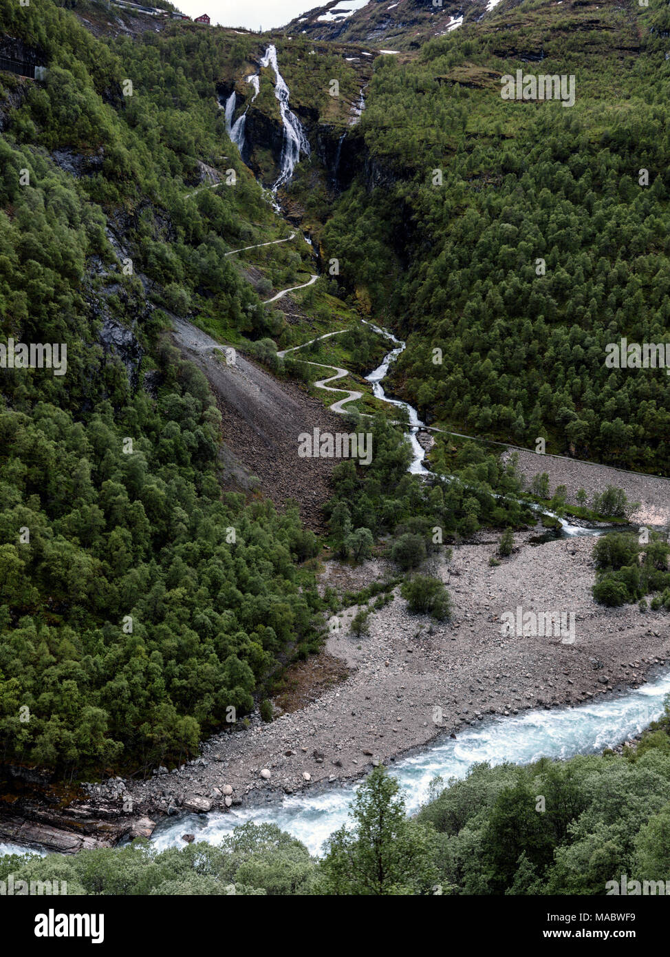 The Flam River and waterfalls in Flam, Norway. Viewed from the Falm ...