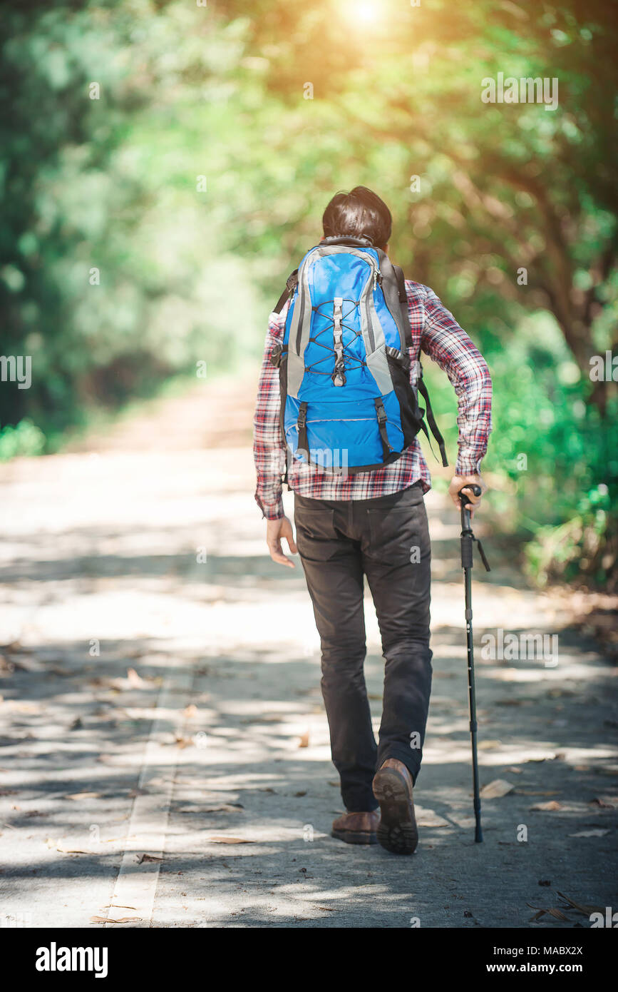 Rear of hipster man hiker holding poles and looking away Stock Photo ...