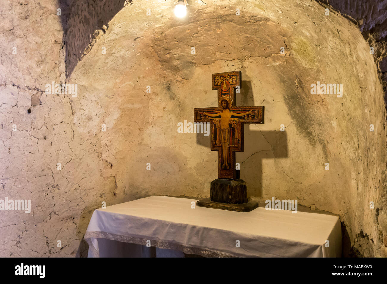 detail of a small medieval altar dedicated to St. Francis of Assisi ...