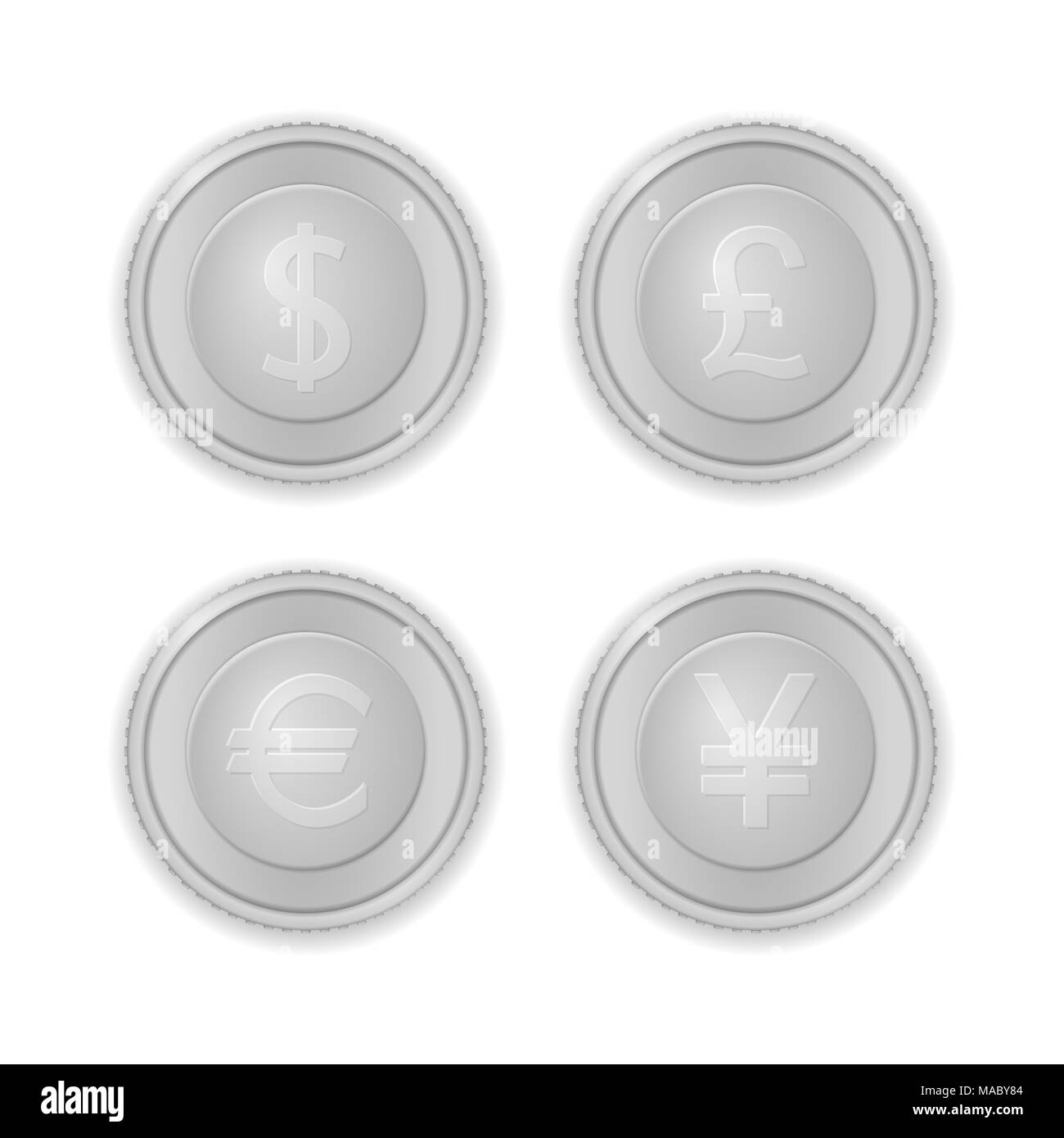 Silver coins with currency symbols on a white background Stock Photo ...