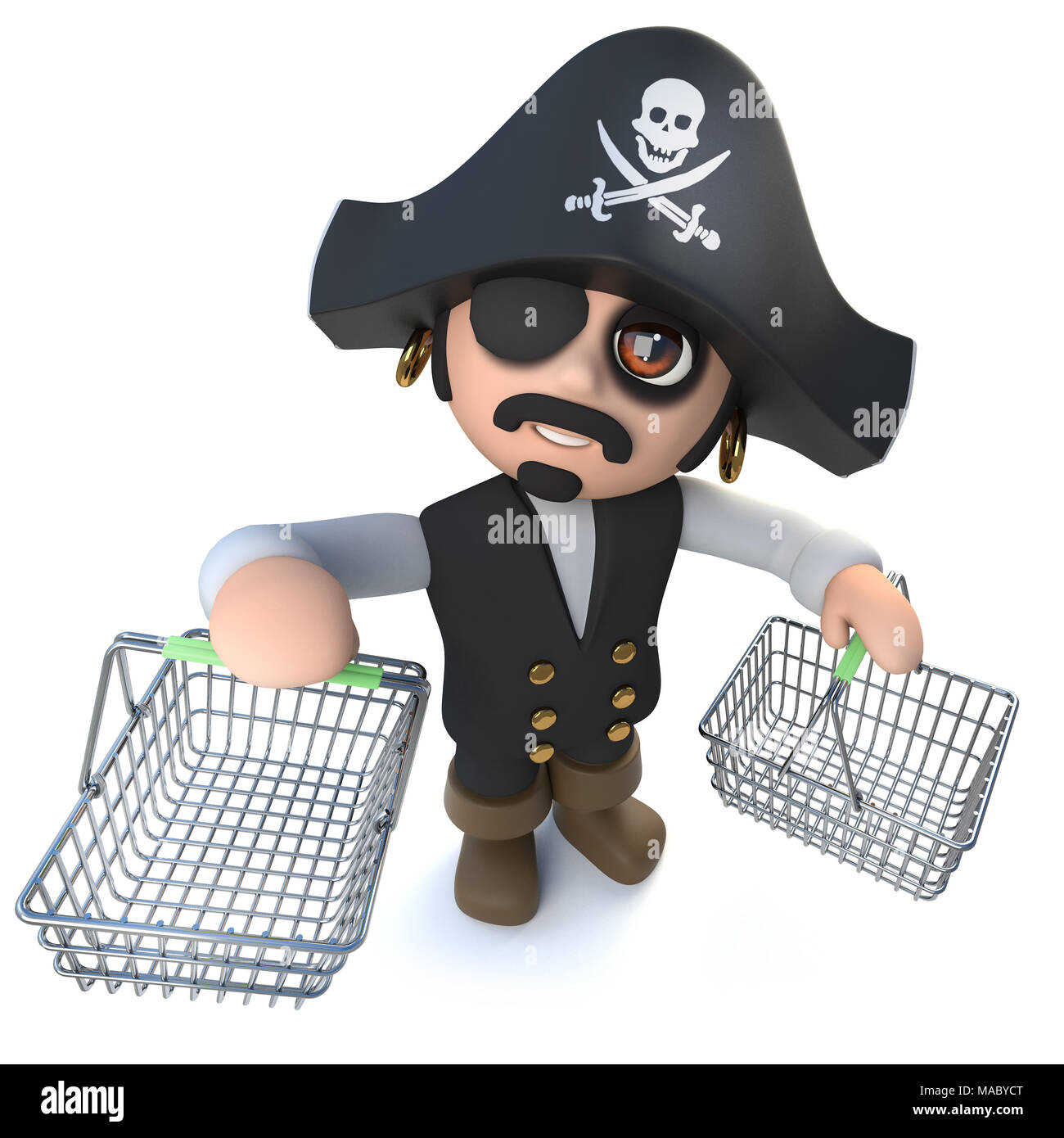 3d render of a funny cartoon pirate captain carrying shopping baskets ...