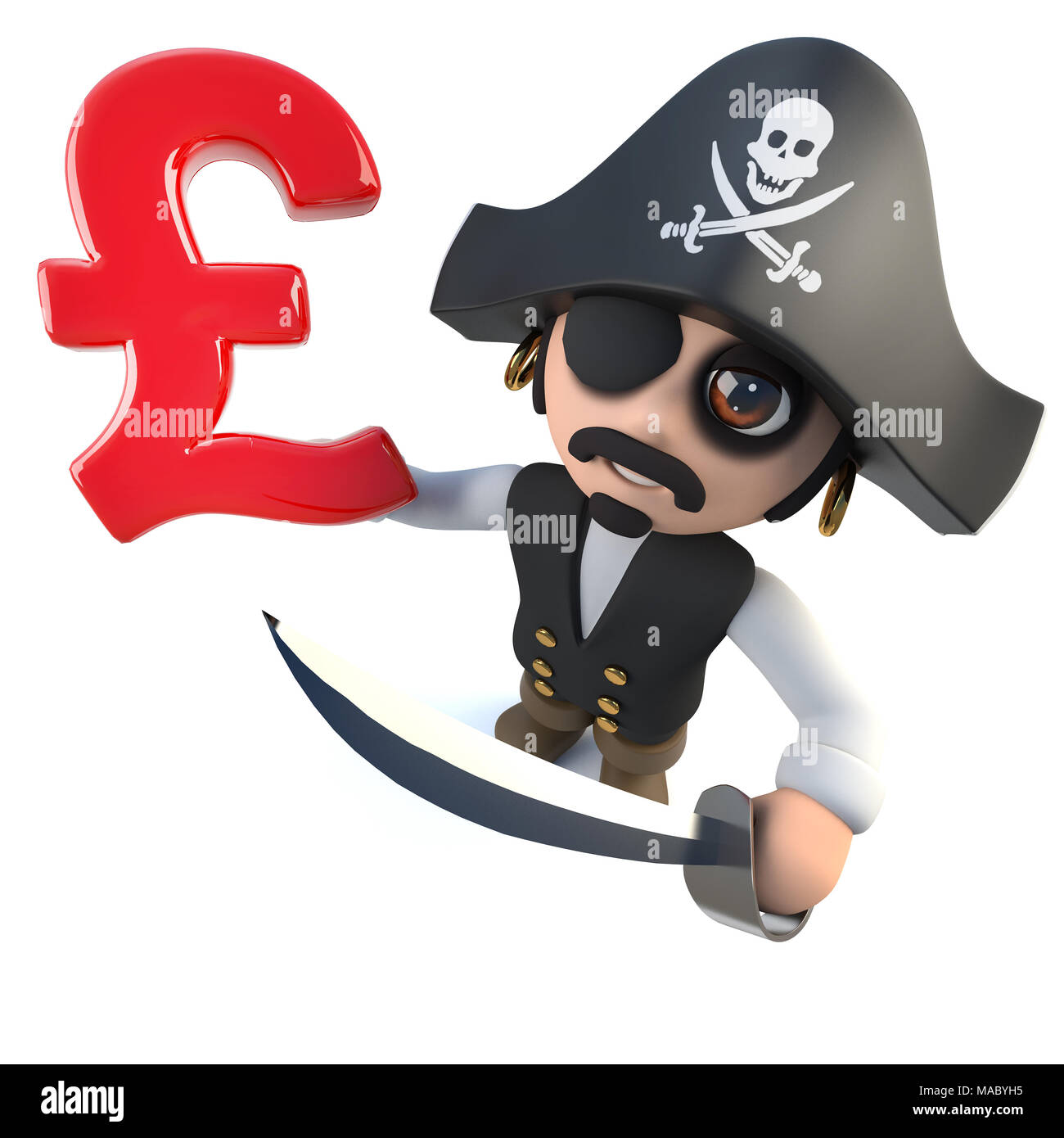 3d Render of a funny cartoon pirate captain holding a UK Pounds ...