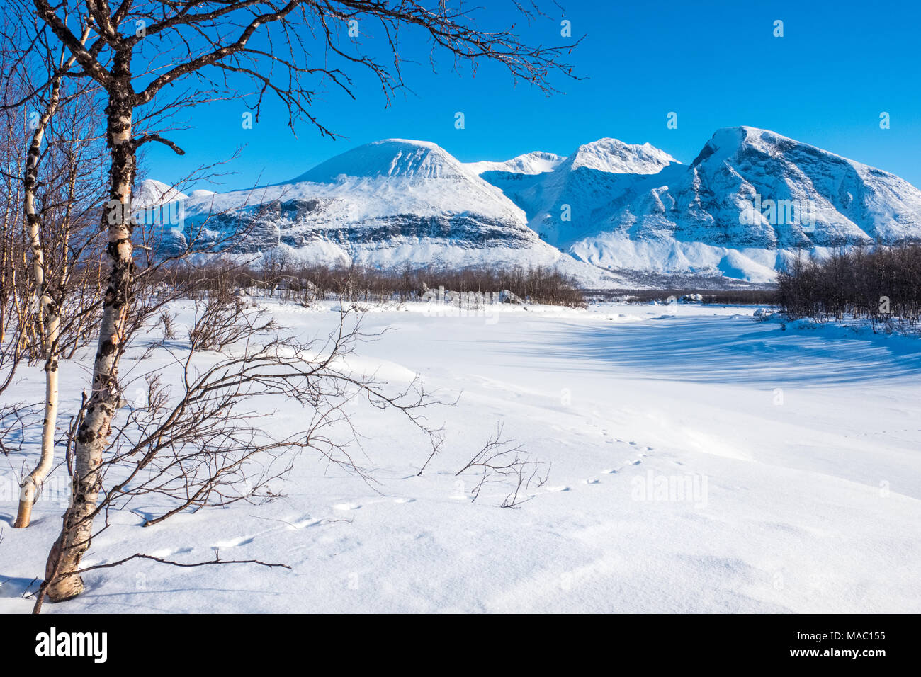 The Akka mountains in the Sarak National Park, winter, northern Sweden ...