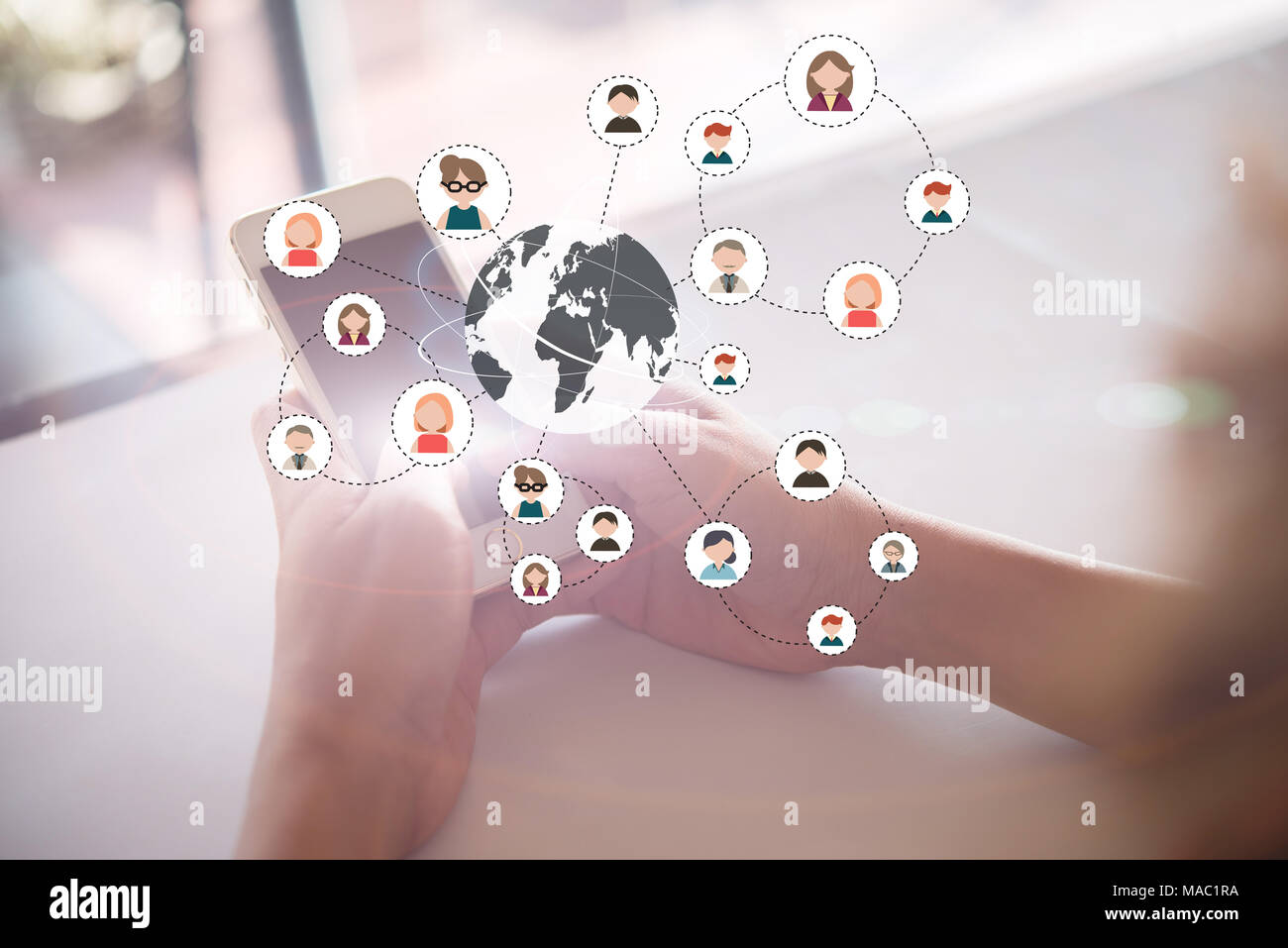 Futuristic smart phone and connection of world people. Network and ...