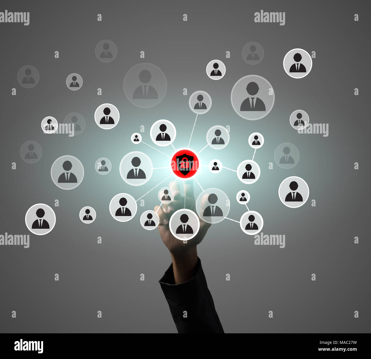 Young businessman pointing digital people icon application in his hand ...