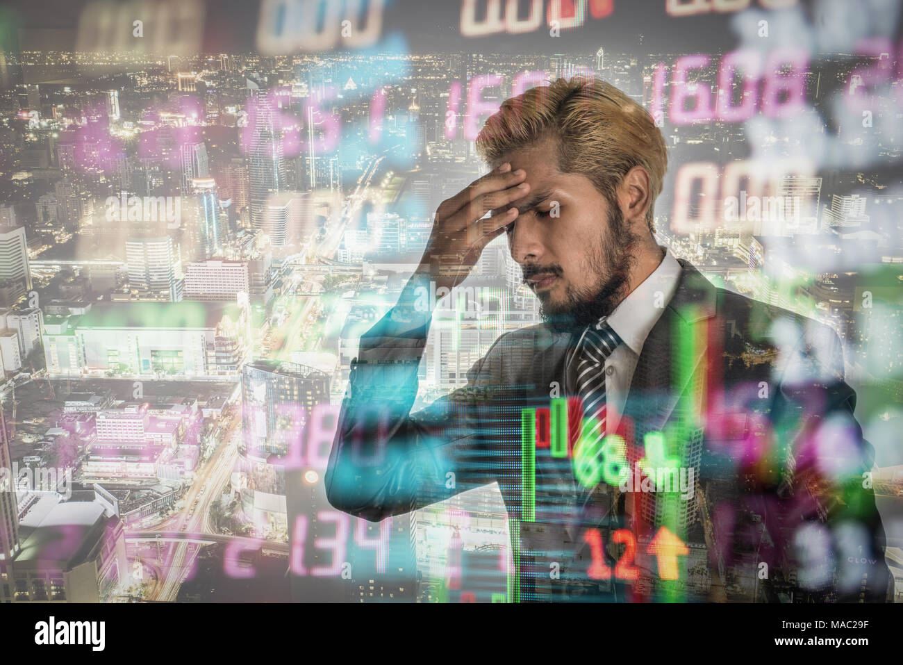 Businessman crisis with stock market in panic graph and chart on ...