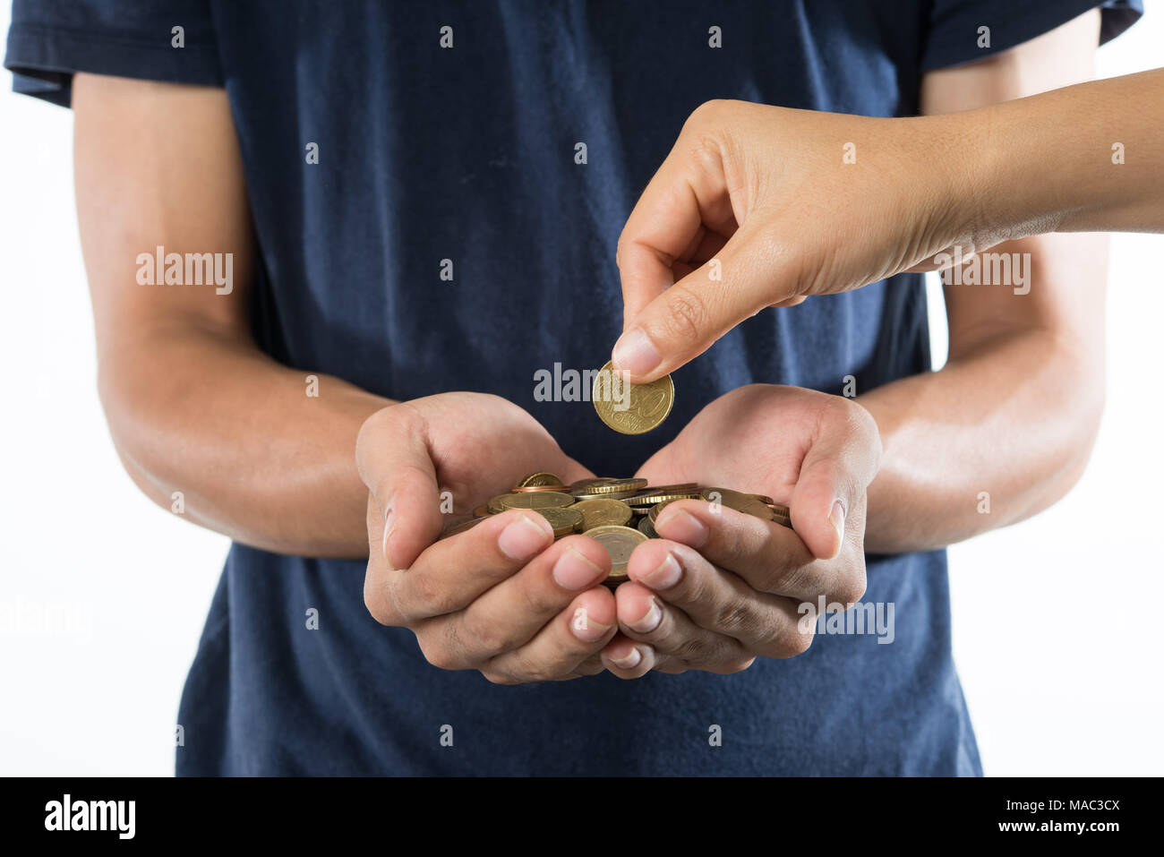 woman hand collecting coins in her hands and another hand giving gold ...