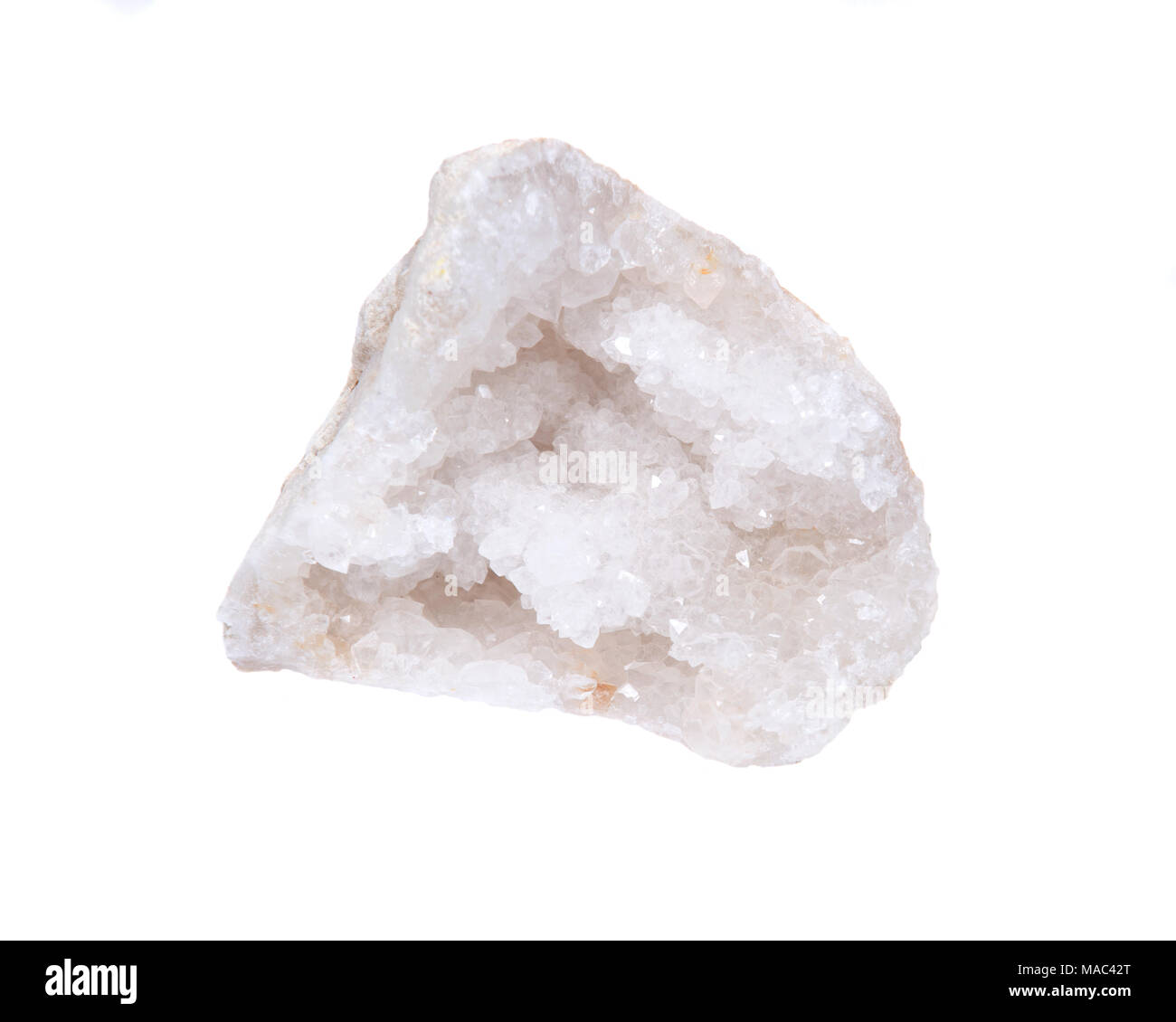 Clear crystal quartz geode with crystalline druzy center isolated on ...