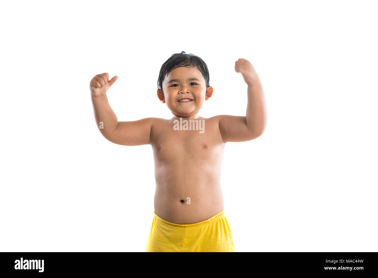 Funny Little Boy showing strong. bodybuilder. showing his hand biceps ...