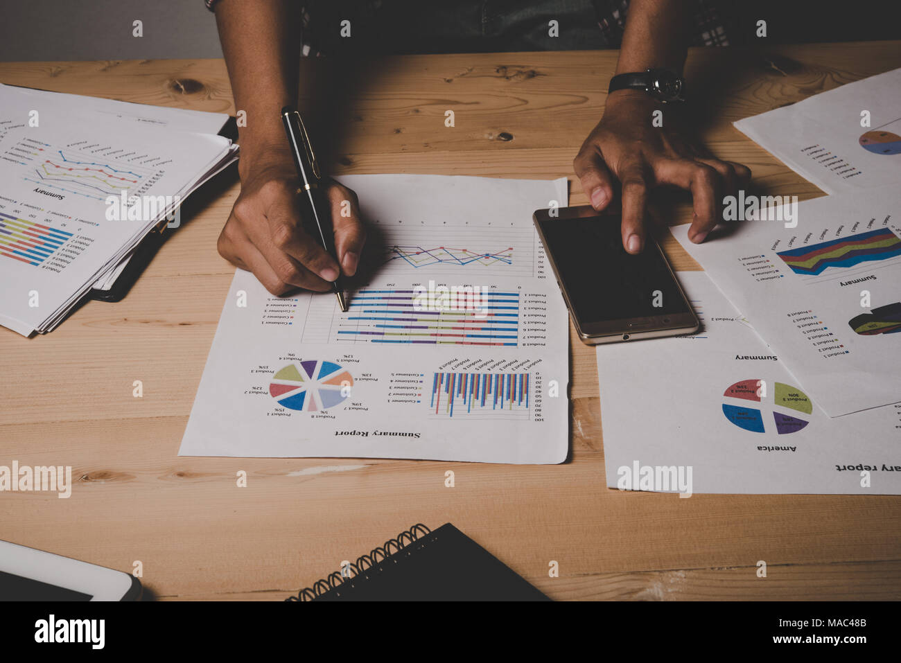 Business Woman with working analysis business document chart and graph ...