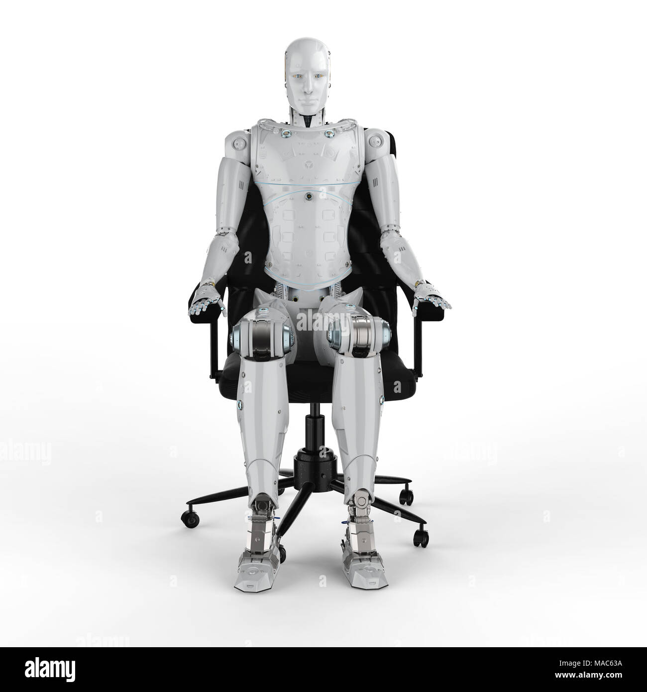3d rendering robot sit on office chair on white background Stock Photo ...