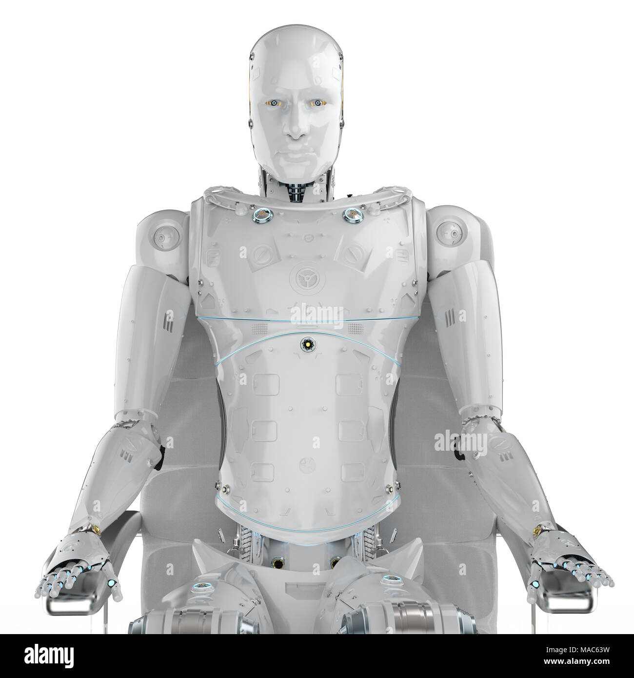 3d rendering robot sit on office chair on white background Stock Photo ...