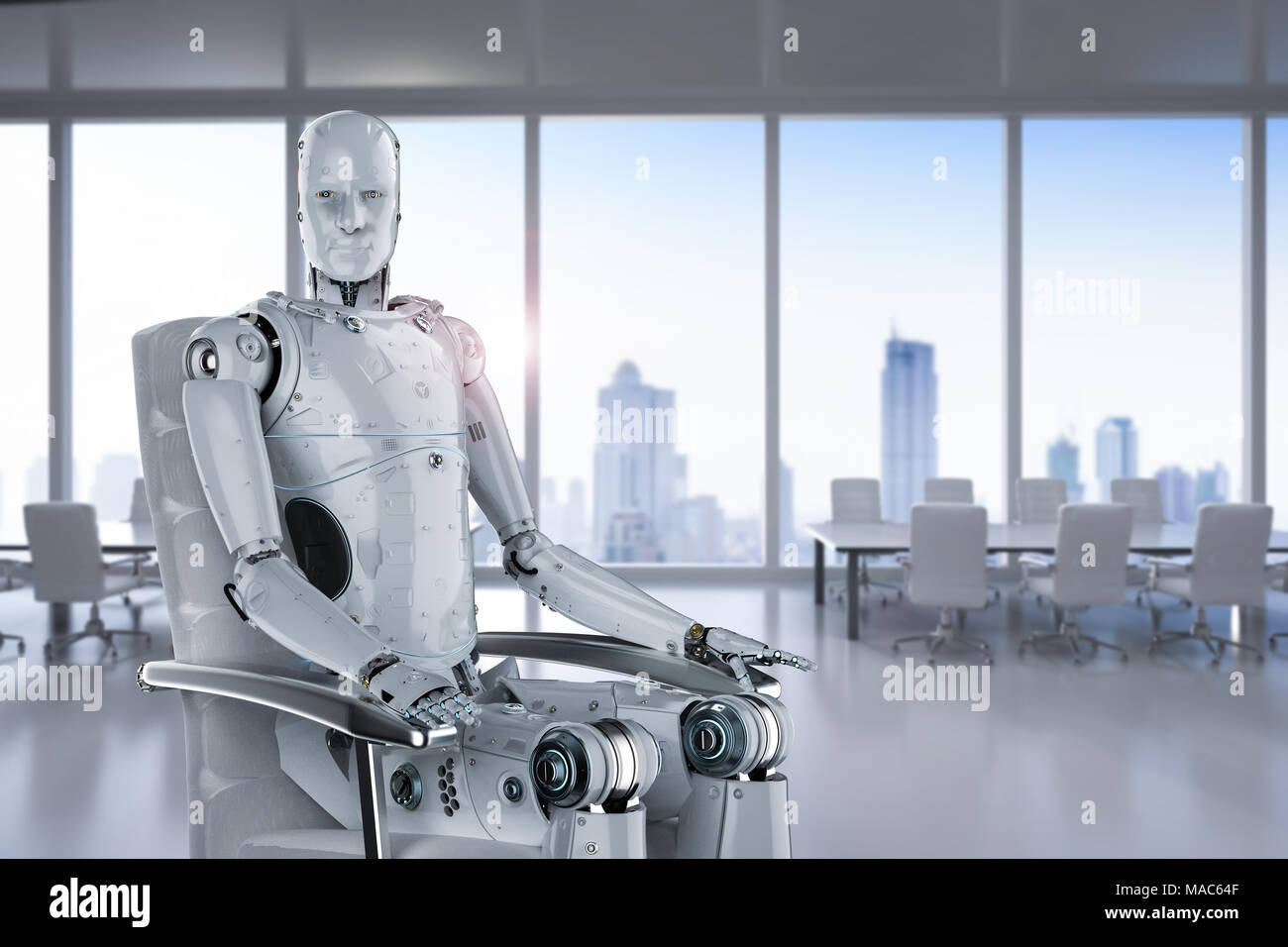 3d rendering robot sit on office chair in office Stock Photo - Alamy