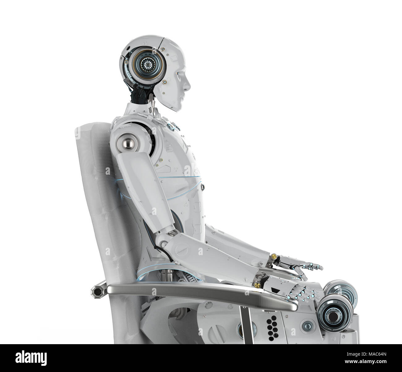 3d rendering robot sit on office chair on white background Stock Photo ...