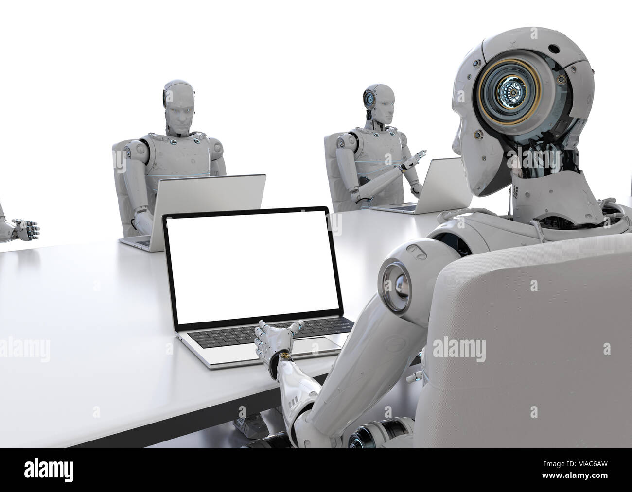 3d rendering robot working on empty screen notebook computer Stock ...