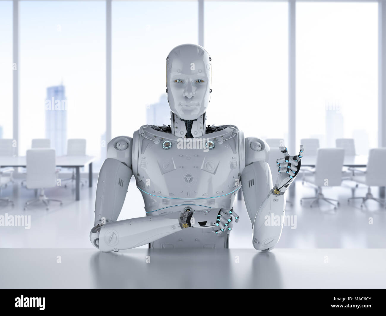 3d rendering humanoid robot sitting behind table in office Stock Photo ...