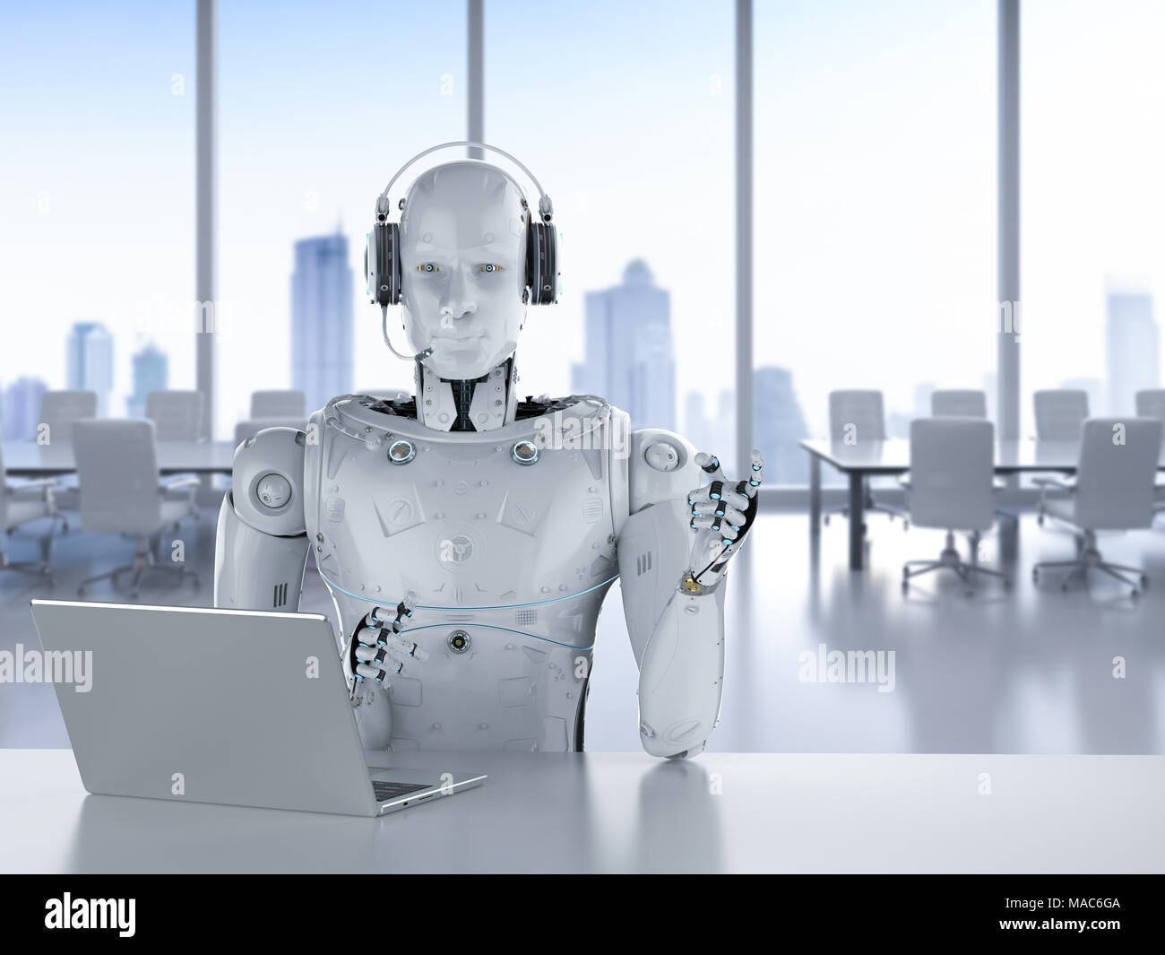 3d rendering humanoid robot working with headset and notebook Stock ...