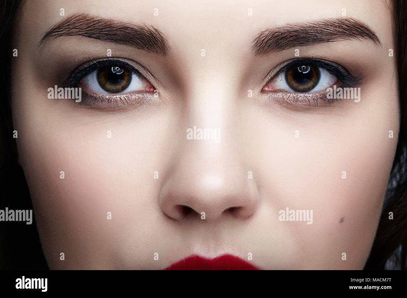 Closeup macro portrait of female face. Human woman face with day beauty ...
