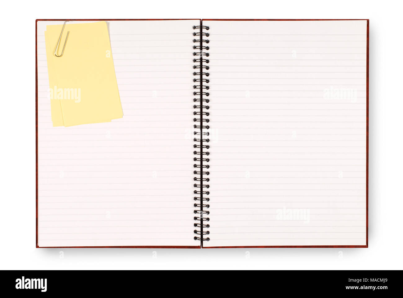Writing book or scrapbook with yellow sticky notes isolated on a white ...