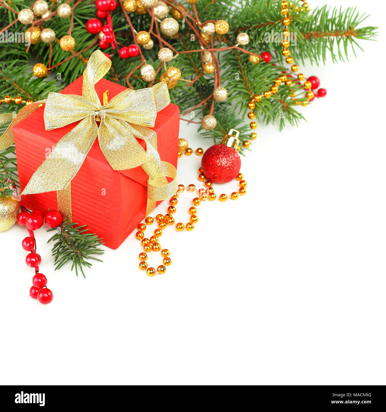 Christmas border with Xmas tree, red gift and gold decoration isolated ...