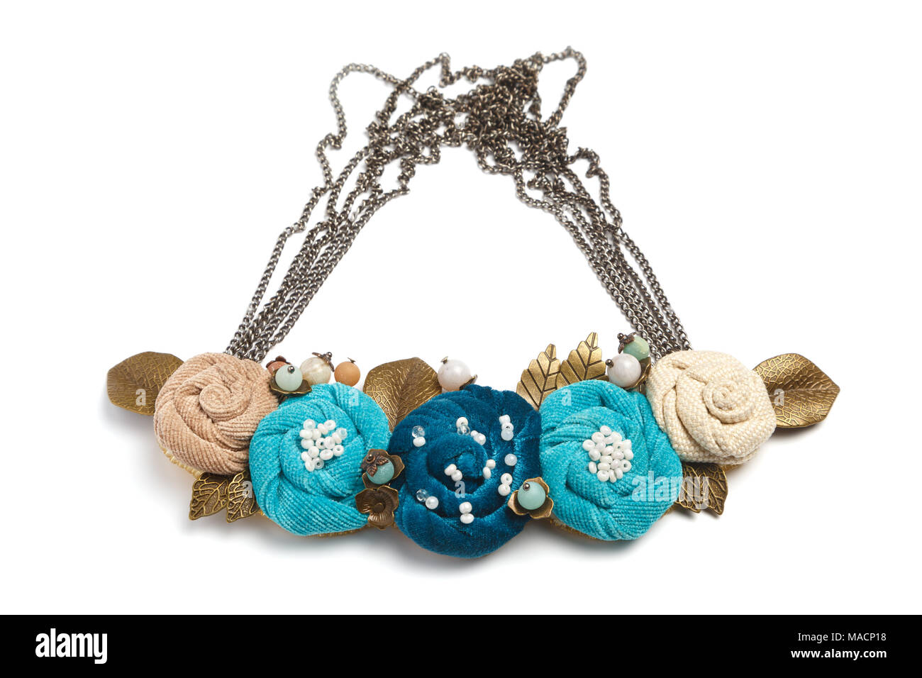 Handmade necklace in the form of several flowers of cyan, blue and ...