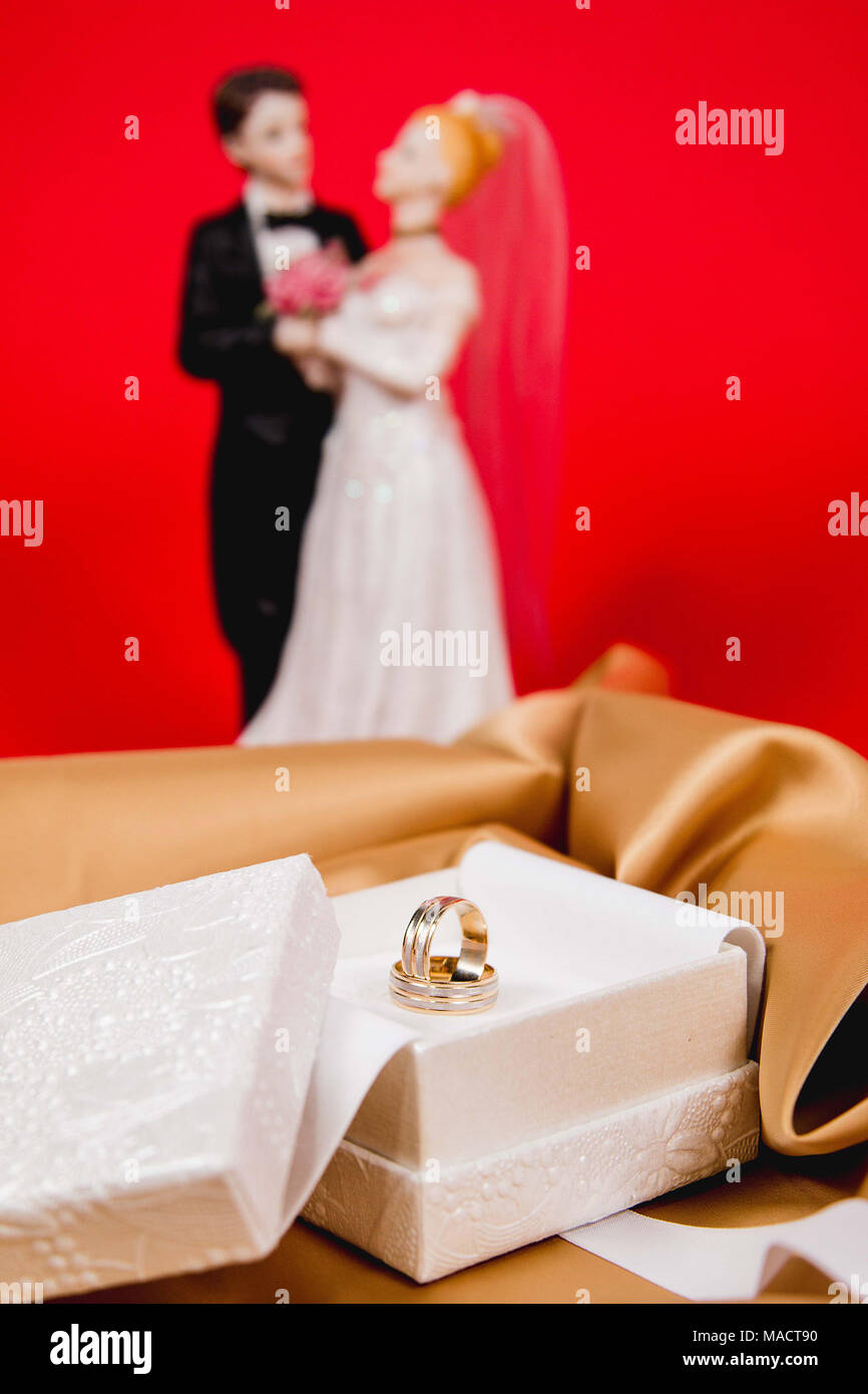 Beautiful wedding rings in white luxury box on red and yellow silk ...