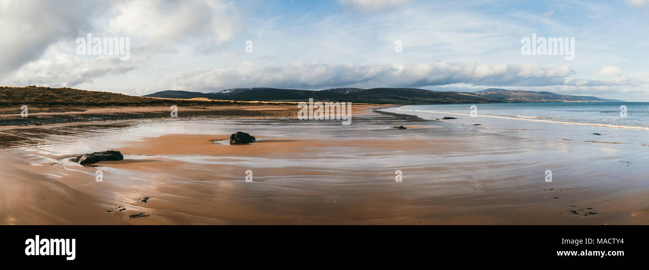 Panoramic view of the award-winning mile long Brora beach, Scotland, UK ...